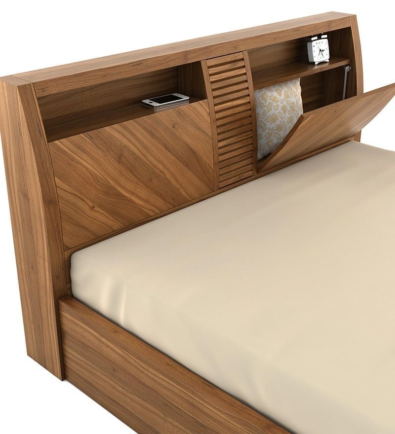 Kosmo Monarch Queen Size Bed with Storage in Natural Teak Finish ...